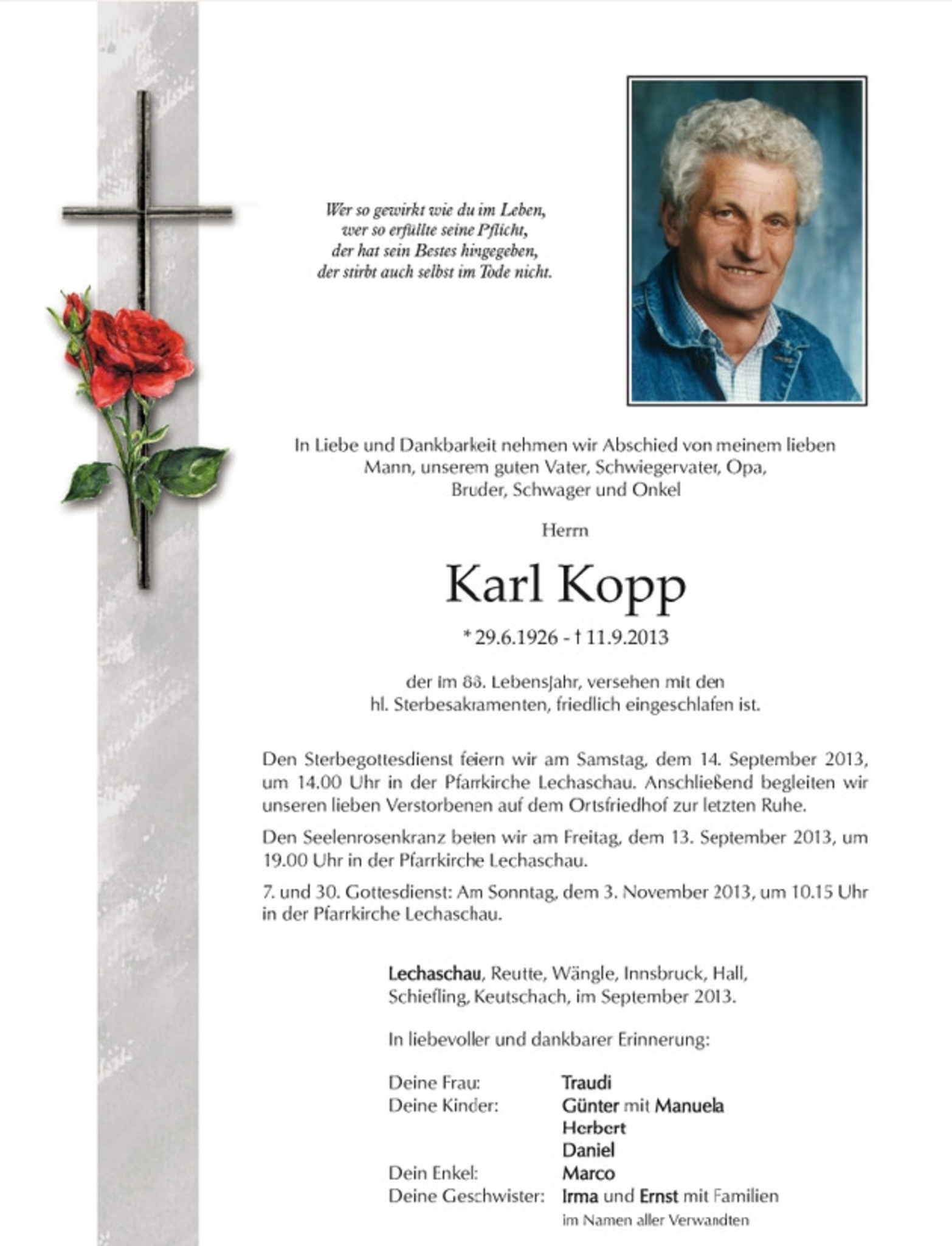 Karl Kopp * 29.06.1926 † 11.09.2013 - Reutte