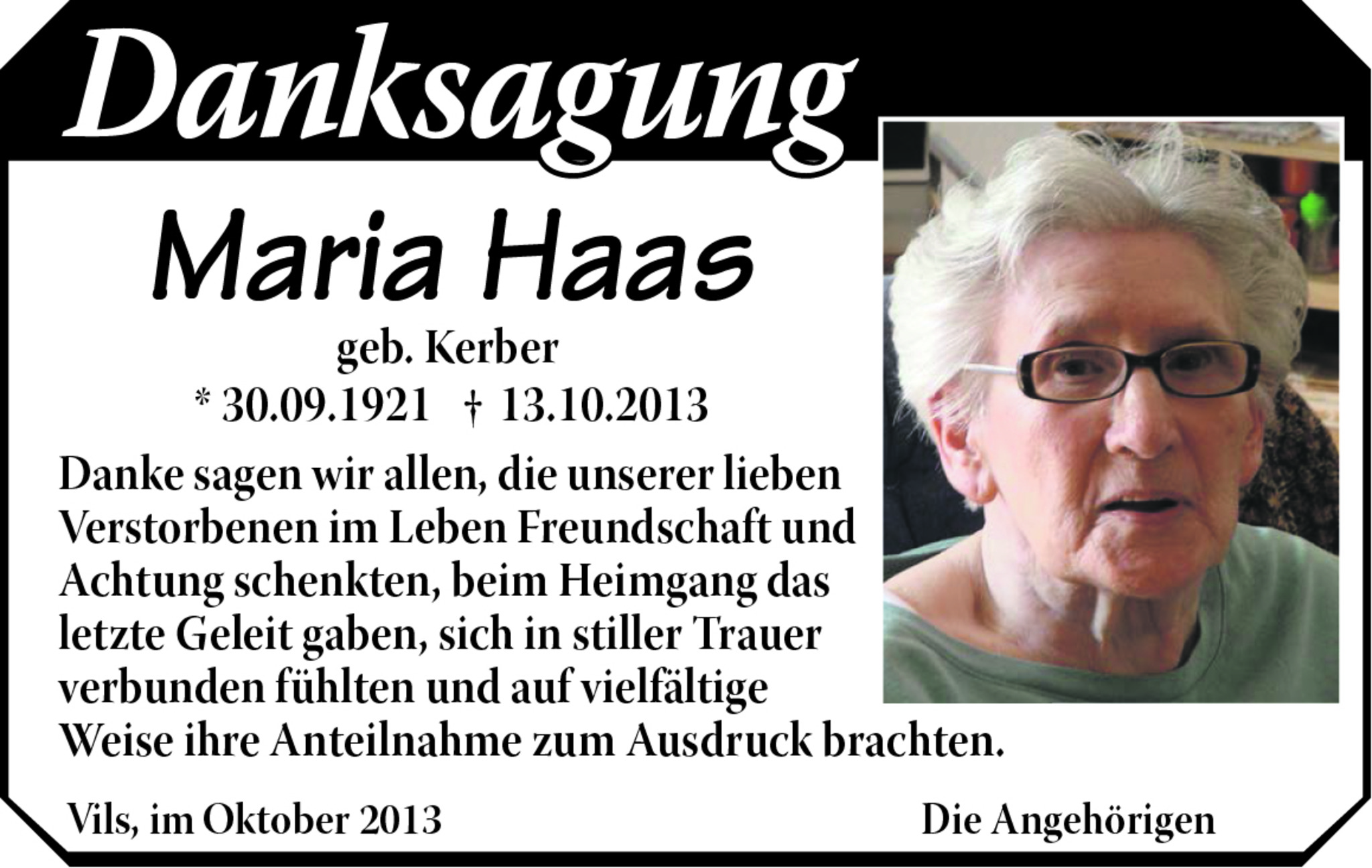 Danksagung Maria Haas - Reutte