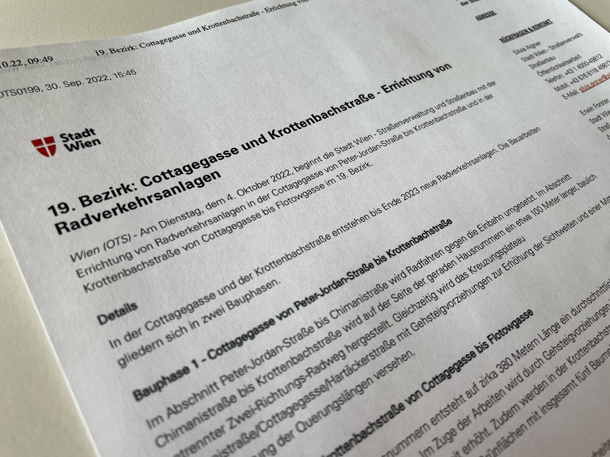 MA 28 - Döbling: Infos bei Radwegbau wurden in "üblicher Weise ...