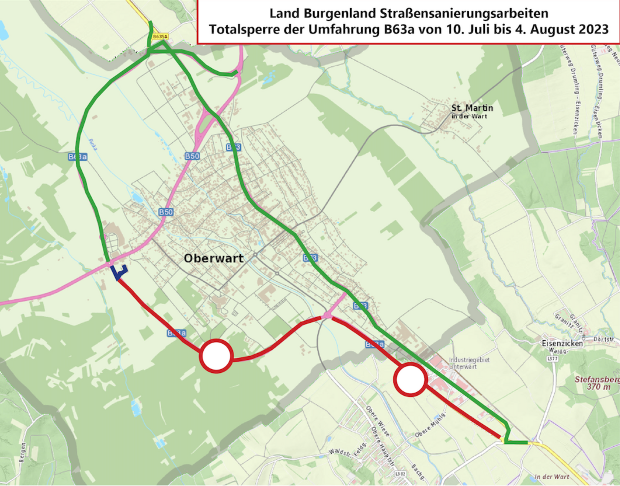 Von 10. Juli bis 4. August: Totalsperre der Umfahrung B63a bei Oberwart ...
