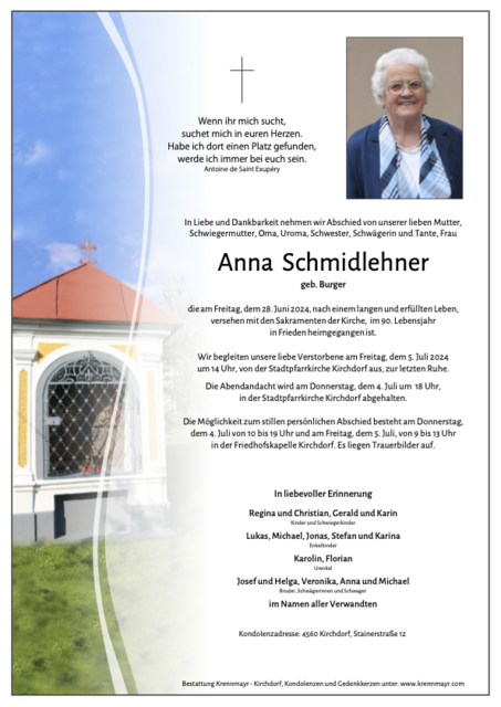 Sterbefälle im Juni 2024: Trauer- und Todesanzeigen aus dem Bezirk Kirchdorf - Kirchdorf